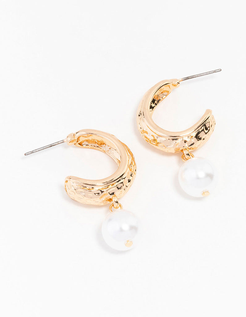 Gold Hammered Pearl Drop Hoop Earrings - Lovisa