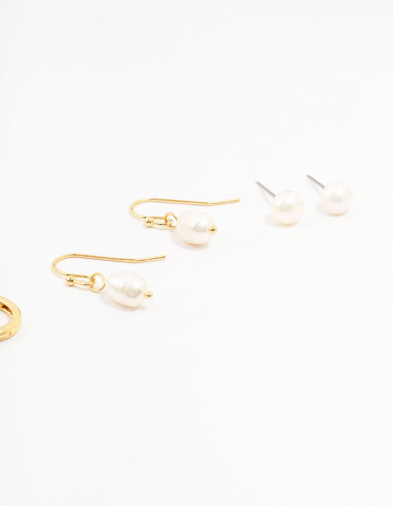 Gold Plated Brass Pearl Stud & Drop Earrings 4-Pack - Lovisa