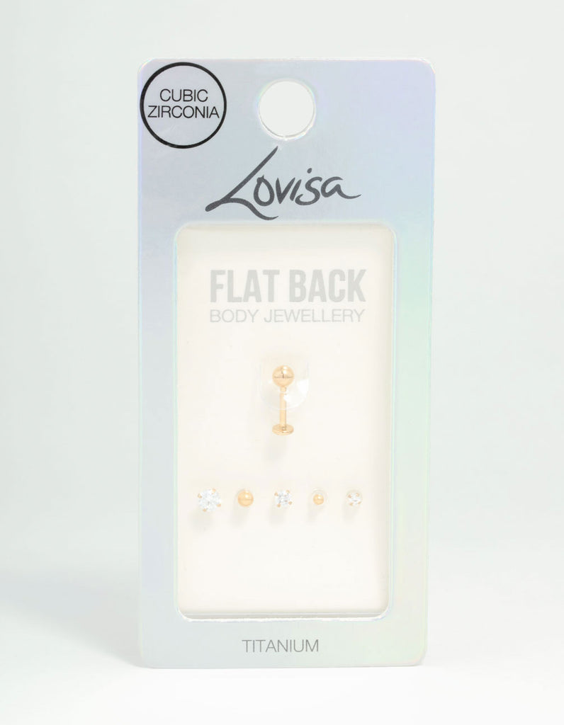 Gold Plated Titanium Polished & Cubic Zirconia Flat Backs 6-Pack - Lovisa