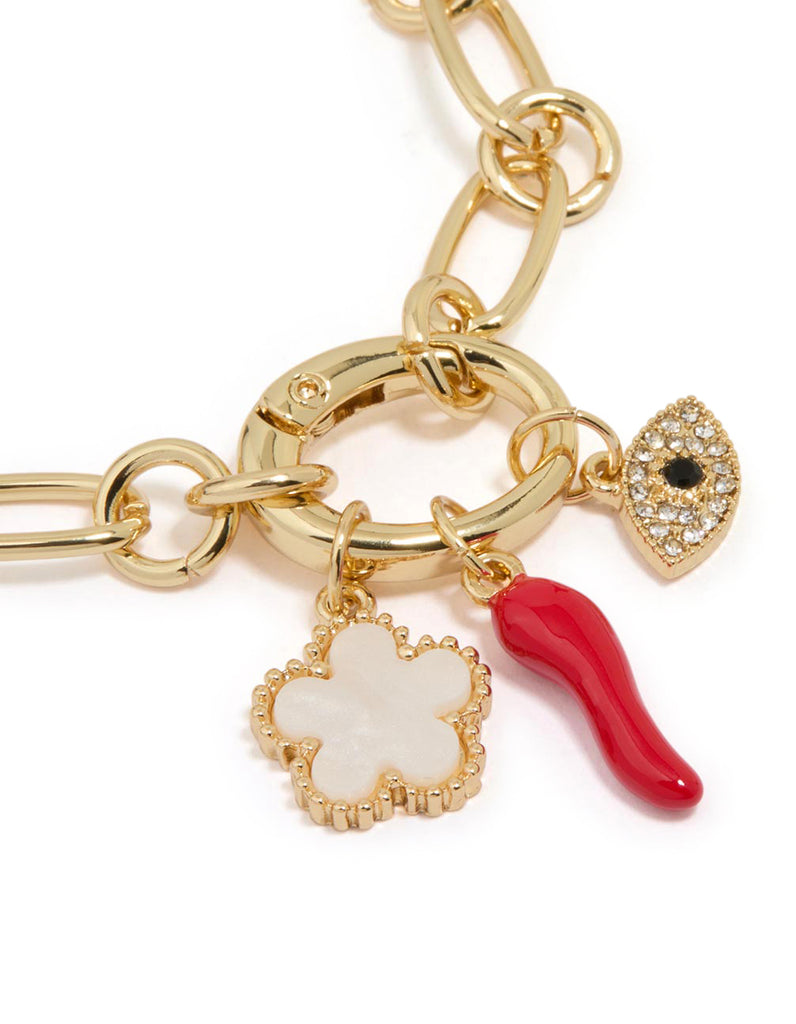 Gold Evil Eye Flower & Chilli Charm Bracelet - Lovisa