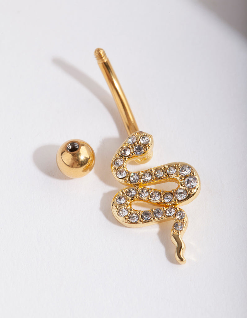 Gold Surgical Steel Diamante Snake Belly Ring - Lovisa