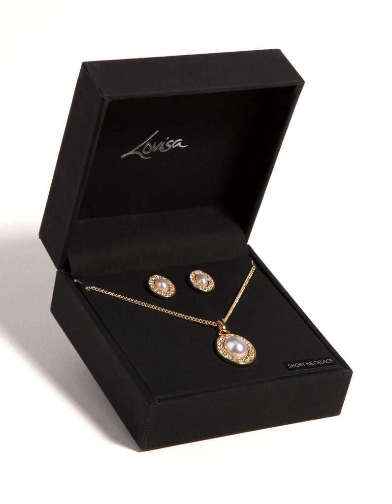 Gold Oval Pearl Diamante Necklace & Earrings Set - Lovisa