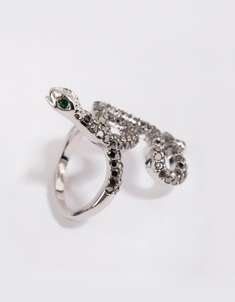 Silver Black Diamante Snake Swirl Ring - Lovisa