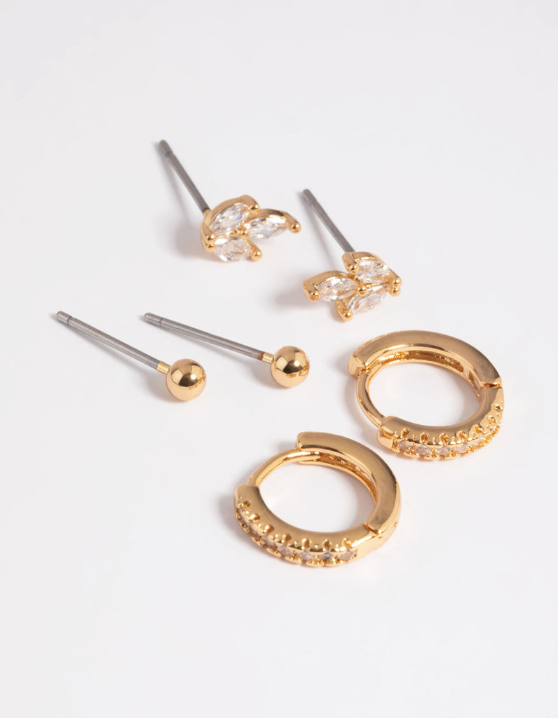 Gold Plated Brass Cubic Zirconia Leaf Earring Stack 6-Pack - Lovisa