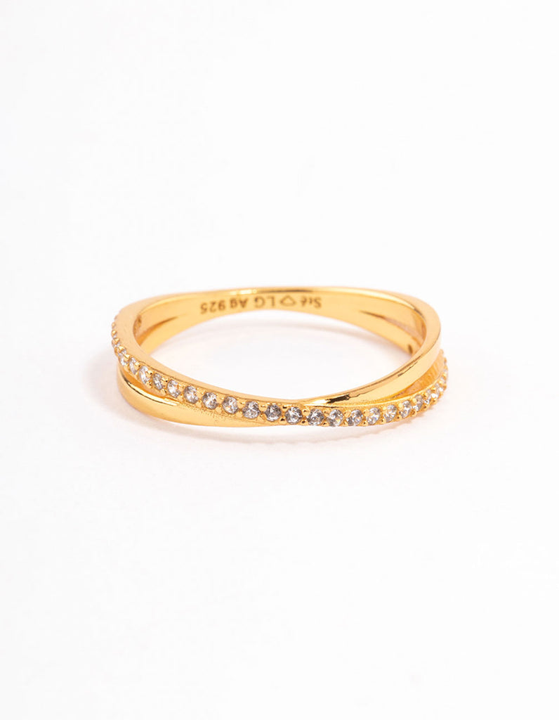 Gold Plated Sterling Silver Cubic Zirconia Cross Over Ring - Lovisa
