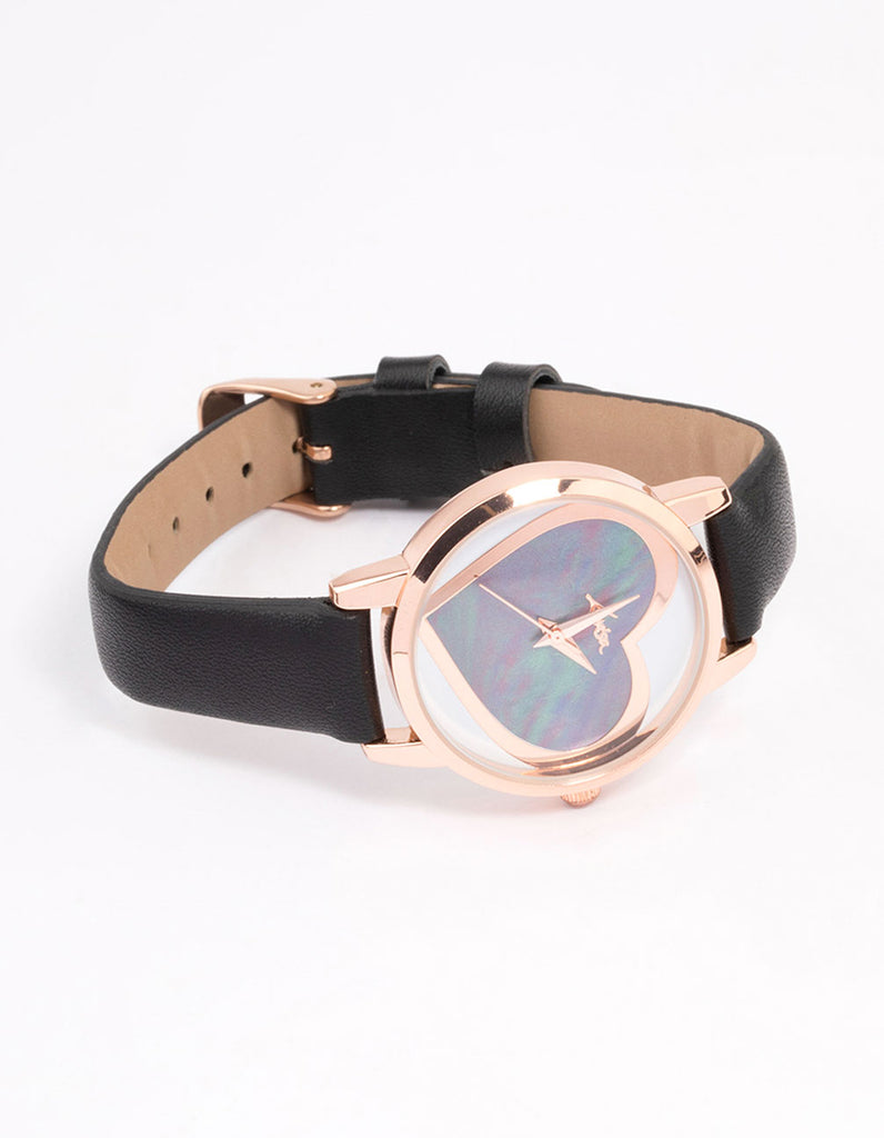 Black Faux Leather Large Heart Face Watch - Lovisa