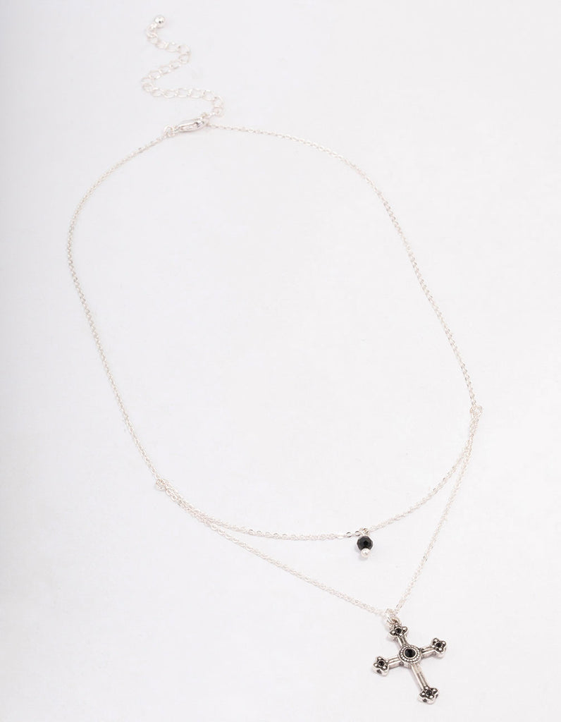 Antique Silver Double Chain Cross Necklace - Lovisa