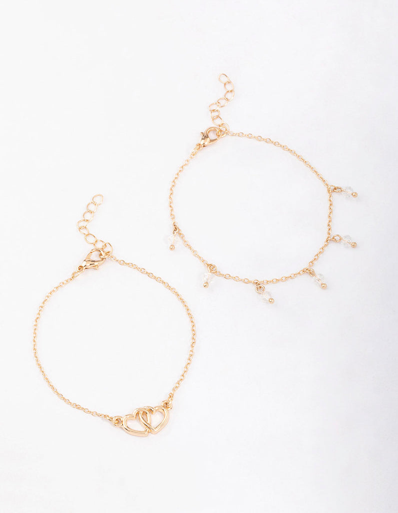 Gold Diamante Bead Link Heart Bracelet Pack Lovisa