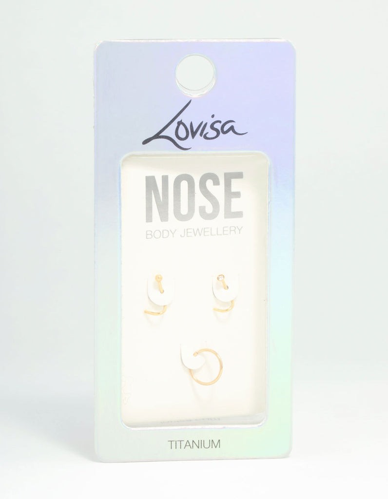 Gold Plated Titanium Corkscrew Nose Studs & Nose Ring e 3-Pack - Lovisa