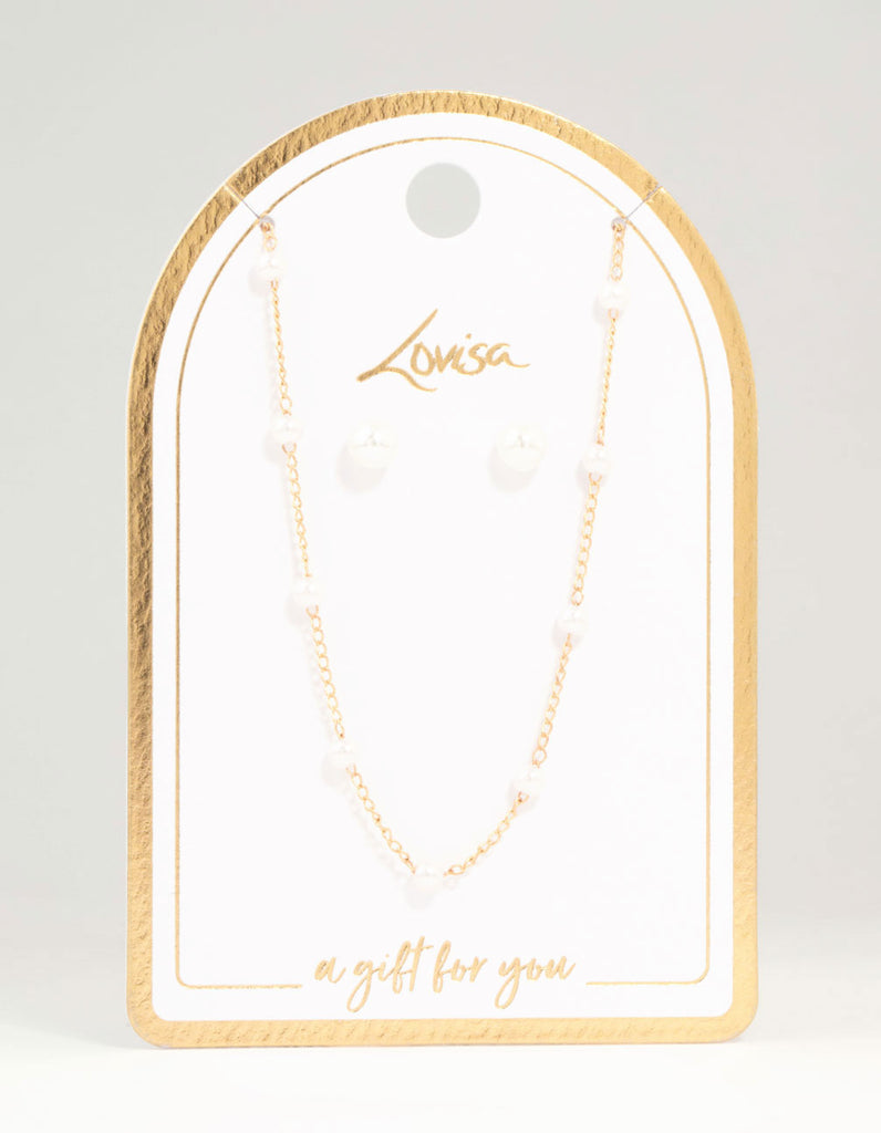 Gold Pearl Station Necklace & Earrings Set - Lovisa