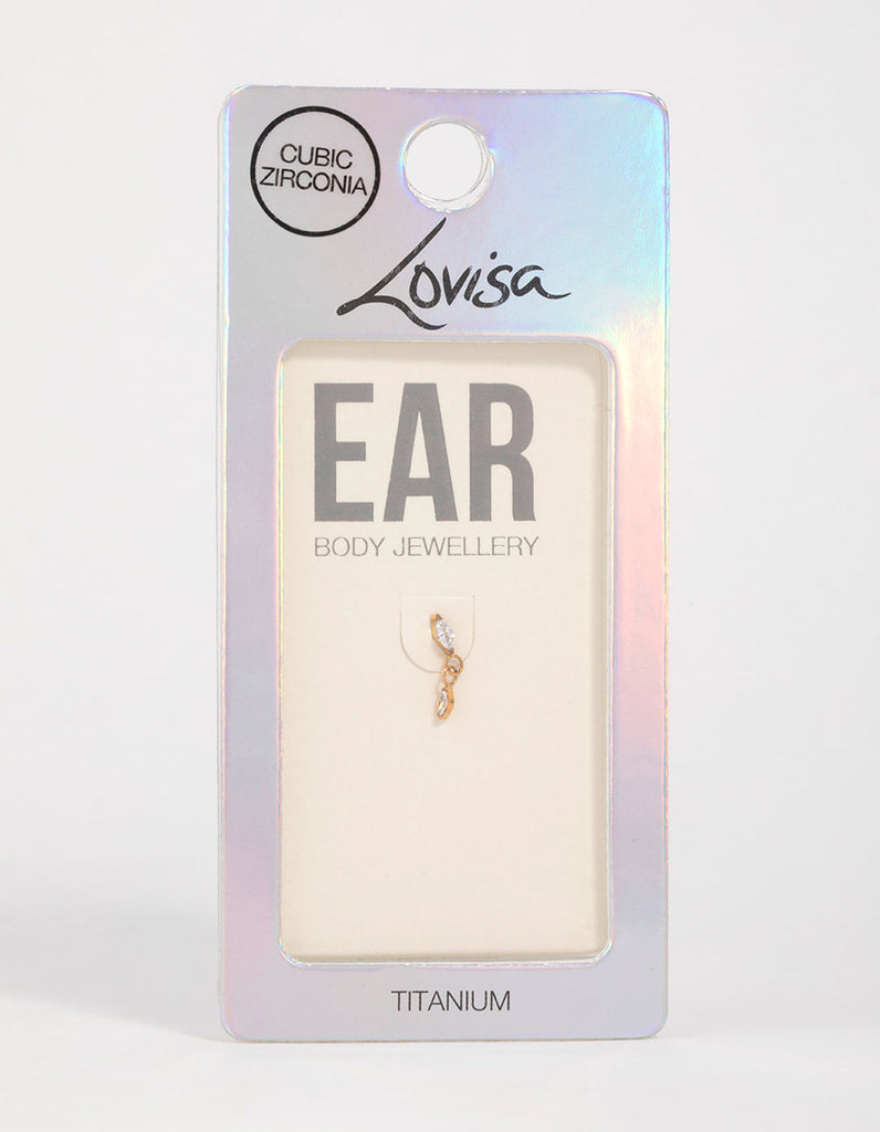 Gold Plated Titanium Cubic Zirconia Marquise Drop Flat Back Stud - Lovisa