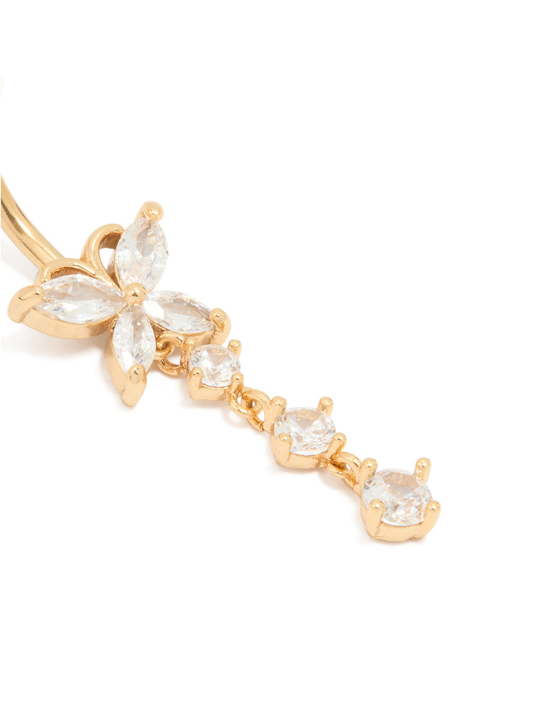 Gold Plated Titanium Cubic Zirconia Butterfly Drop Belly Bar - Lovisa