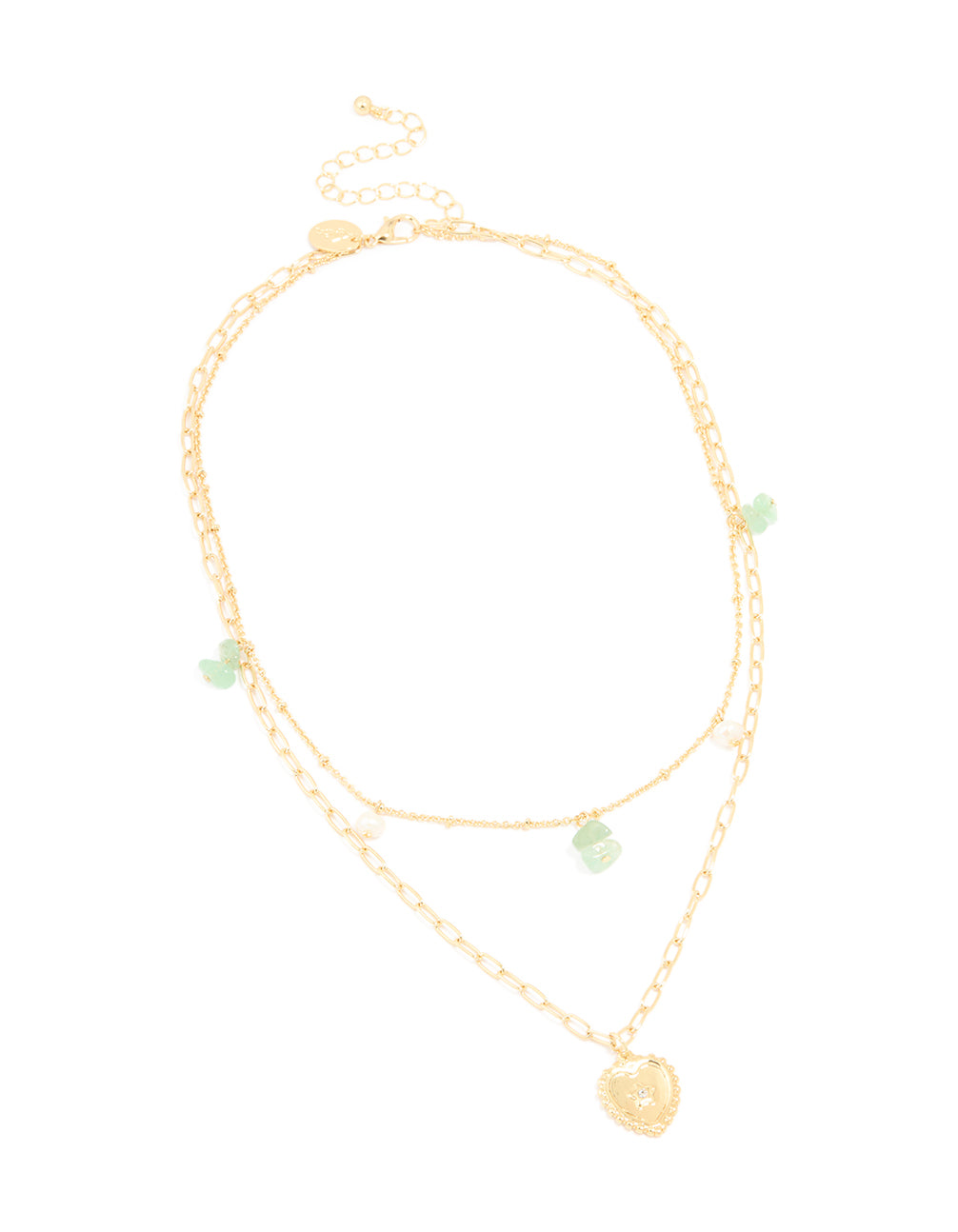 Gold Plated Pearl Semi Precious Stones & Heart Charm Layered Necklace ...