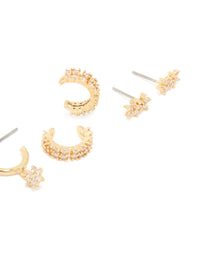 Gold Plated Brass Cubic Zirconia Flower Stud & Ear Cuff 5-Pack - Lovisa