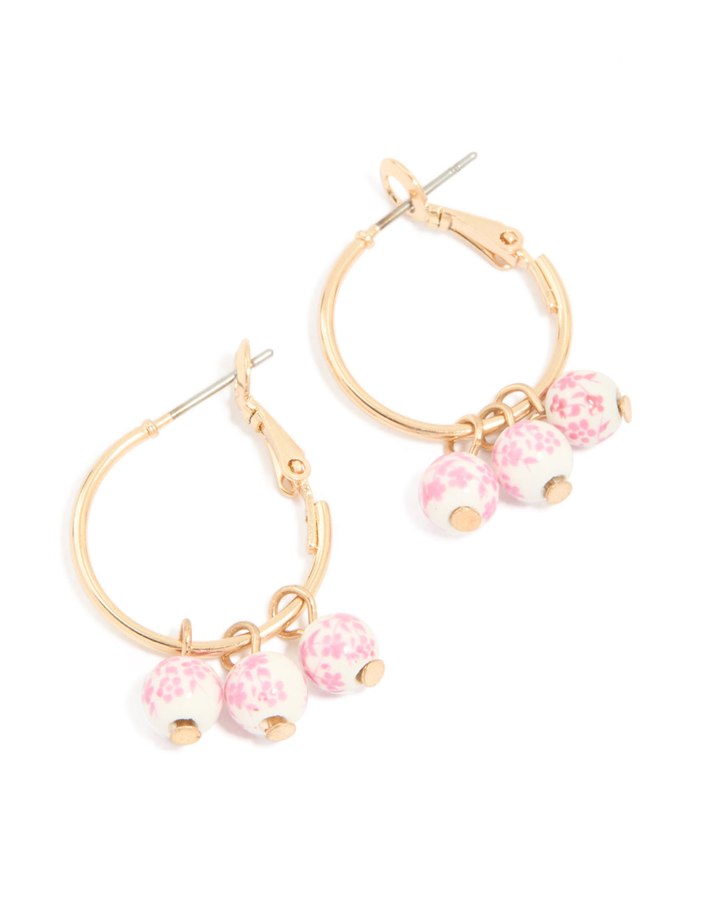 Gold Mini Hand-Painted Pink Floral Ball Hoop Earrings - Lovisa