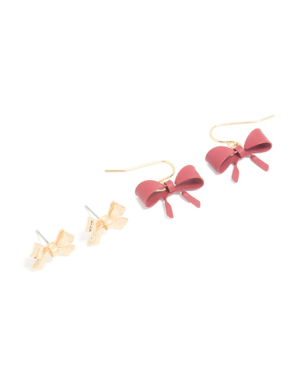 Gold Textured & Red Bow 2-Pack Earrings - Lovisa