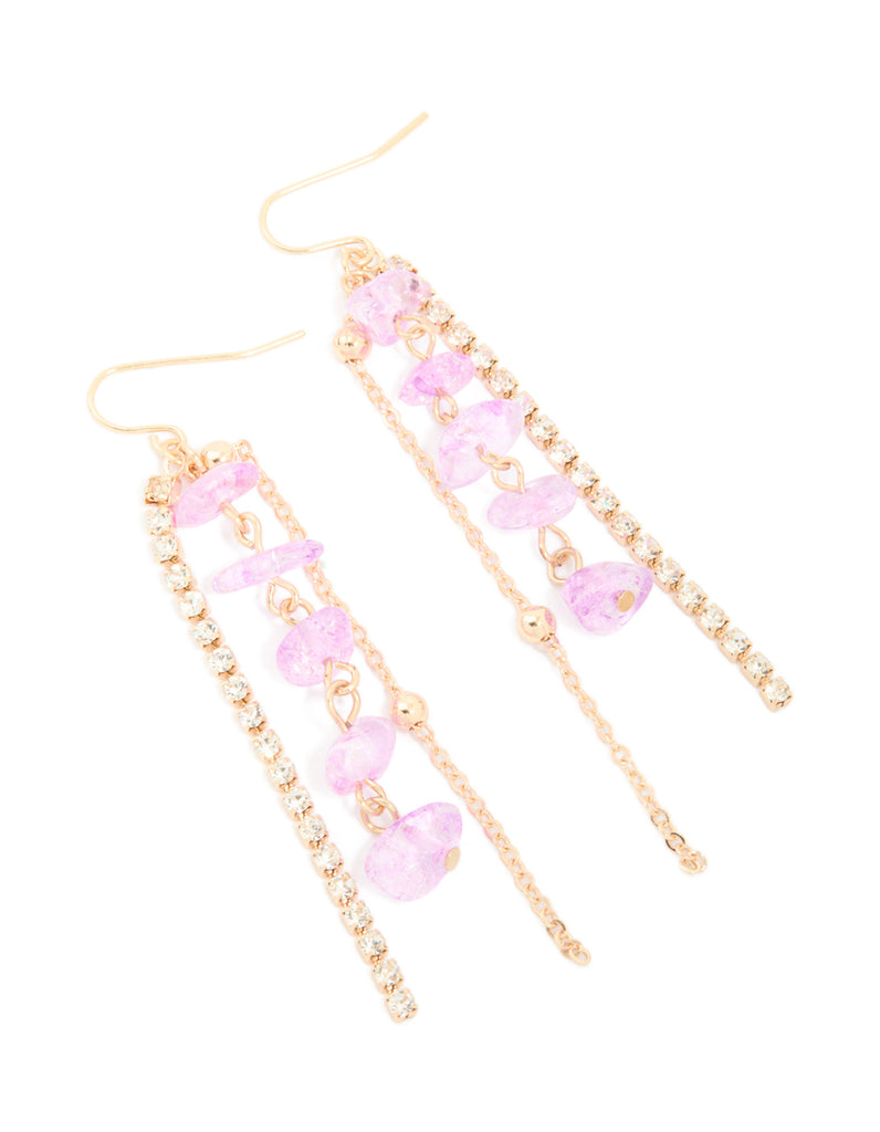Gold Diamante Cup Chain & Light Pink Stone Chip Drop Earrings - Lovisa