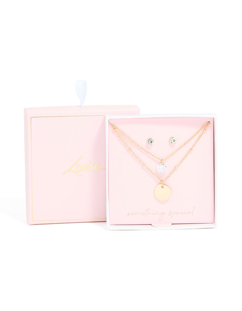 Gold Diamante Layered Necklace & Stud Earrings Set - Lovisa