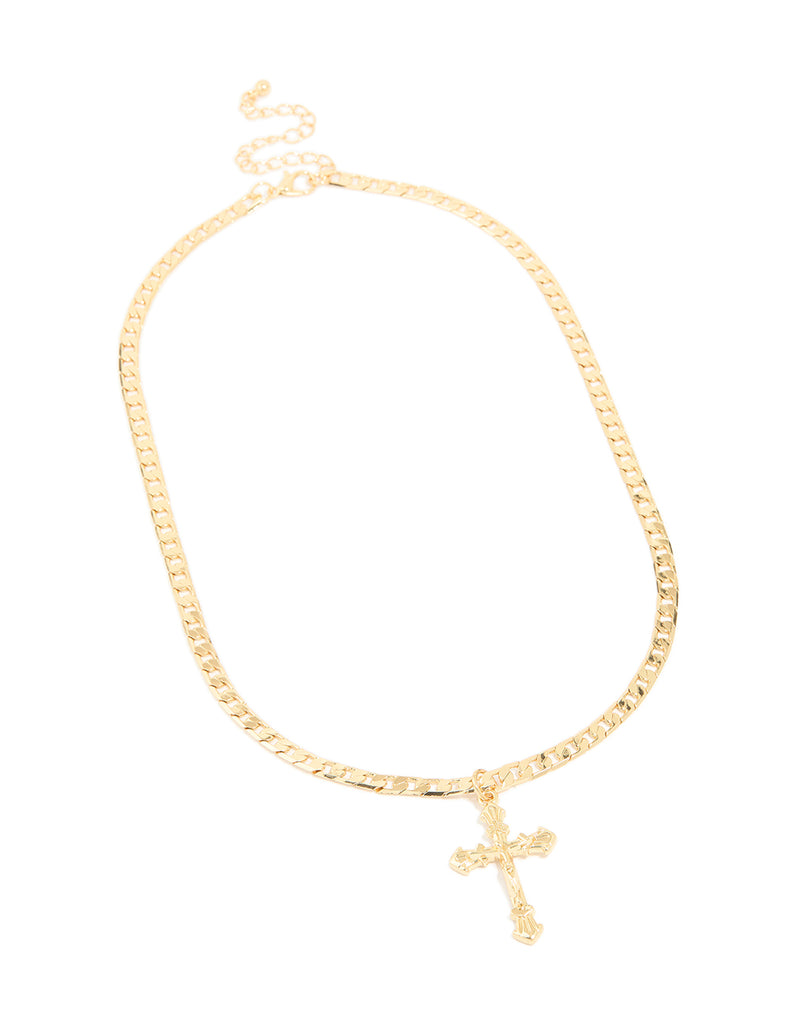 Gold Plated Cross Flay Curb Chain Necklace - Lovisa