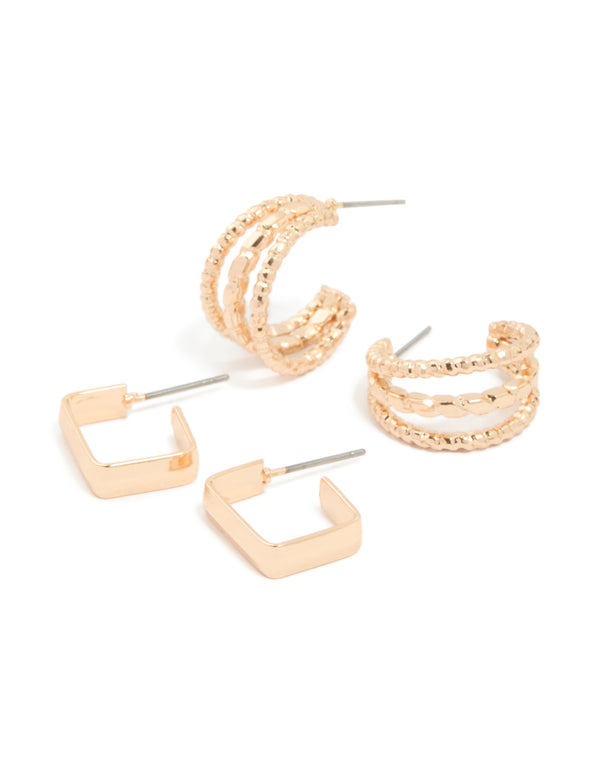 Gold Rectangle & Double Hoop Earrings 2-Pack - Lovisa