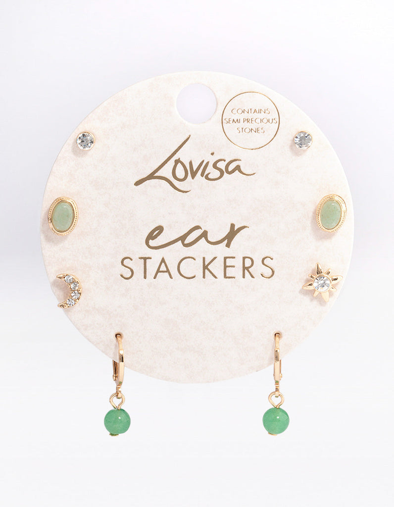 Gold Green Aventurine Diamante Celestial Stacker Earrings - Lovisa